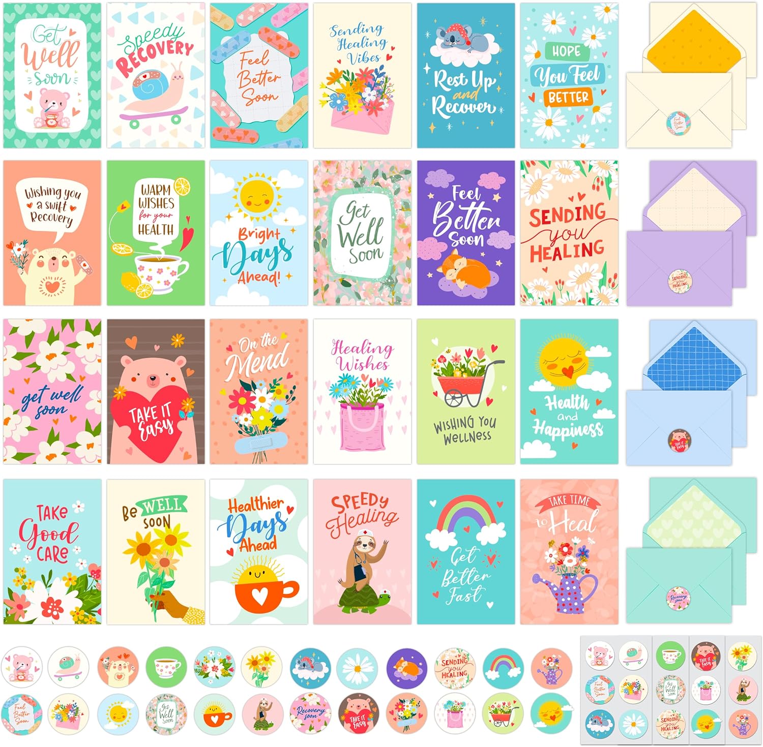 24 Pack 4x6in Cute Get Well Cards Assortment Box with Envelopes and St ...